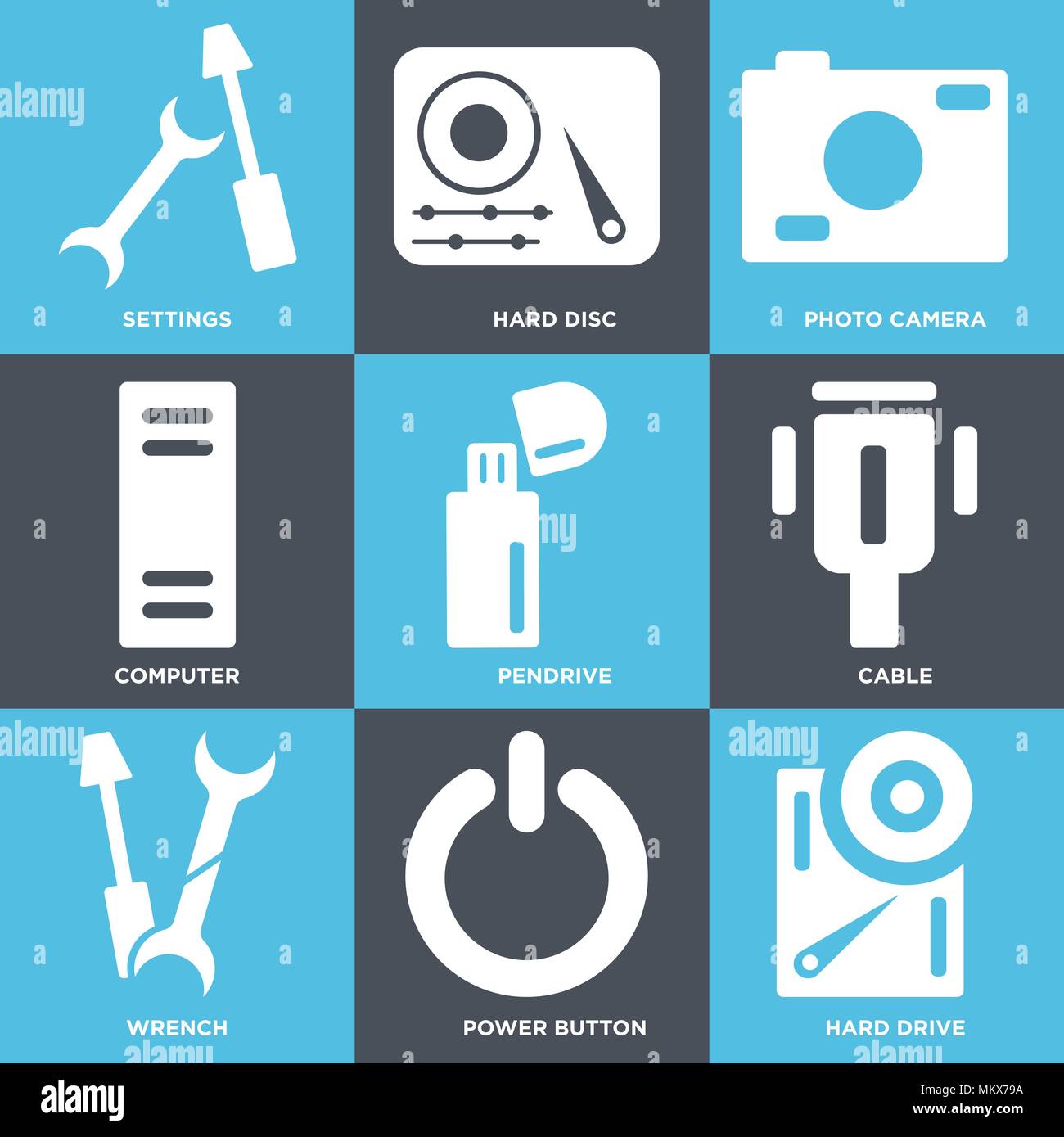 Set Of 9 simple editable icons such as Hard drive, Power button, Wrench ...