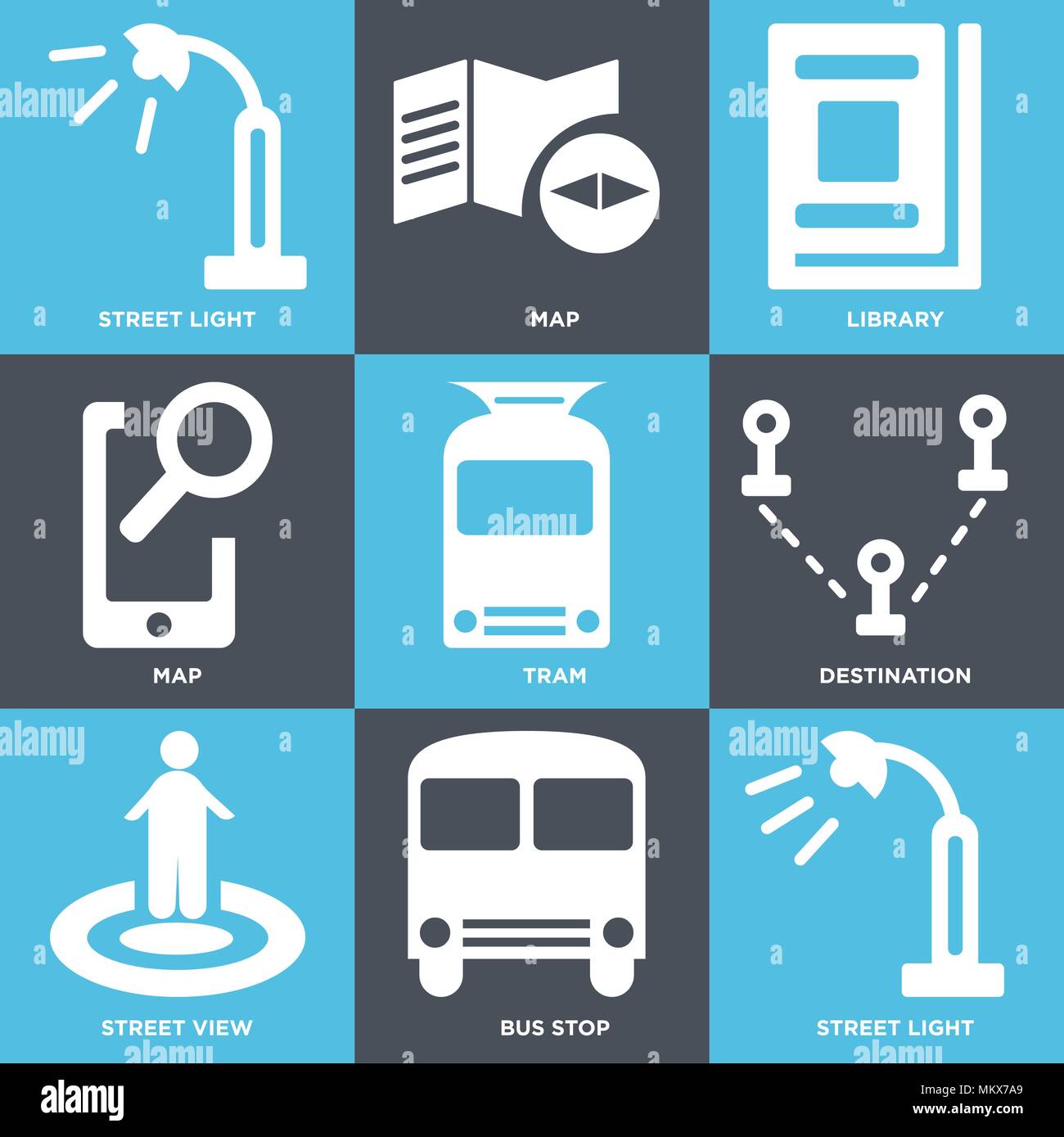 Set Of 9 simple editable icons such as Street light, Bus stop, view ...