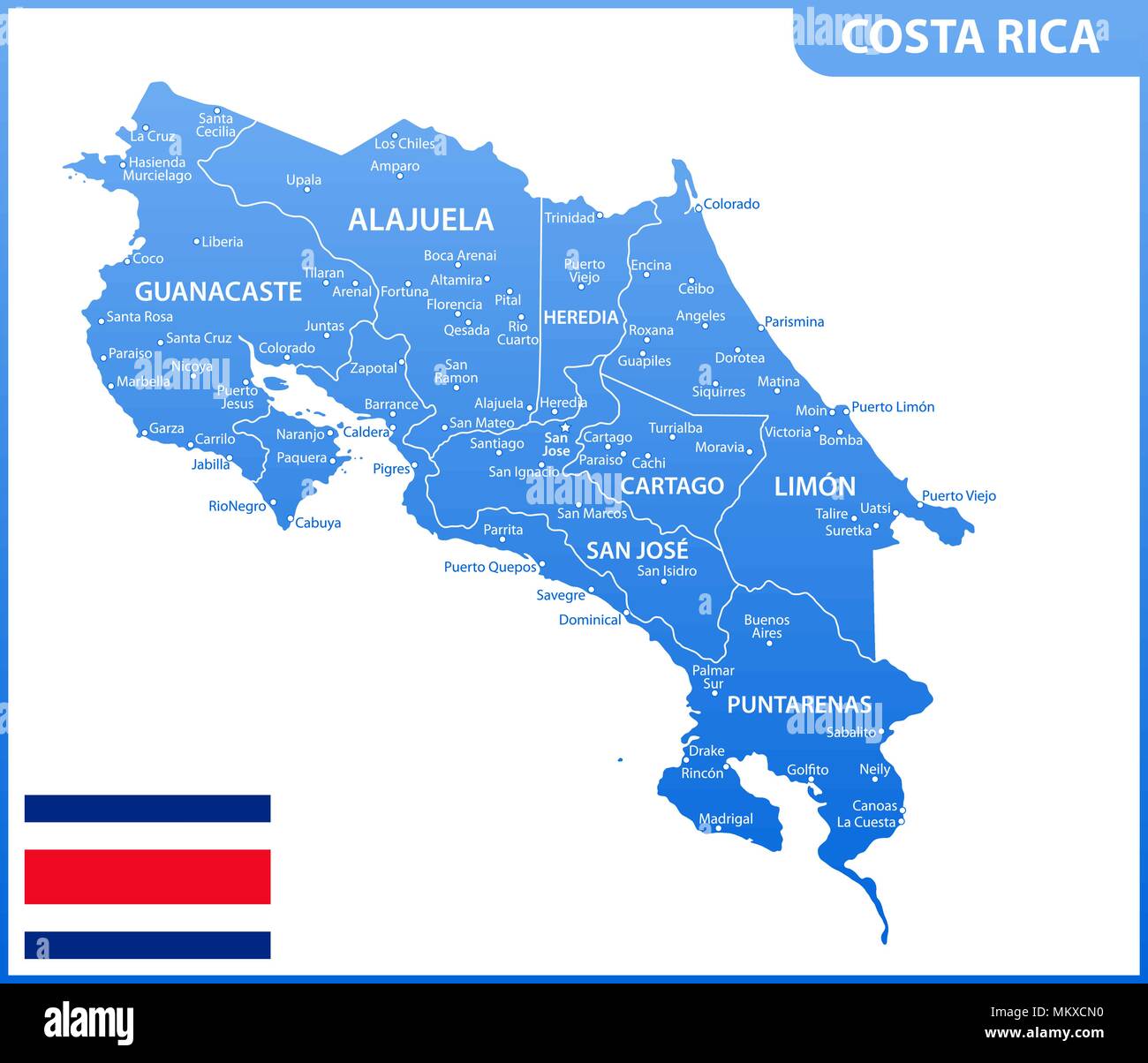 The detailed map of Costa Rica with regions or states and cities ...
