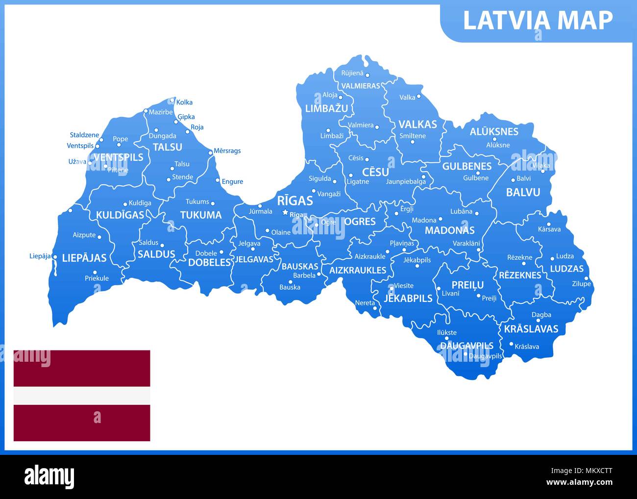 The detailed map of Latvia with regions or states and cities, capital ...