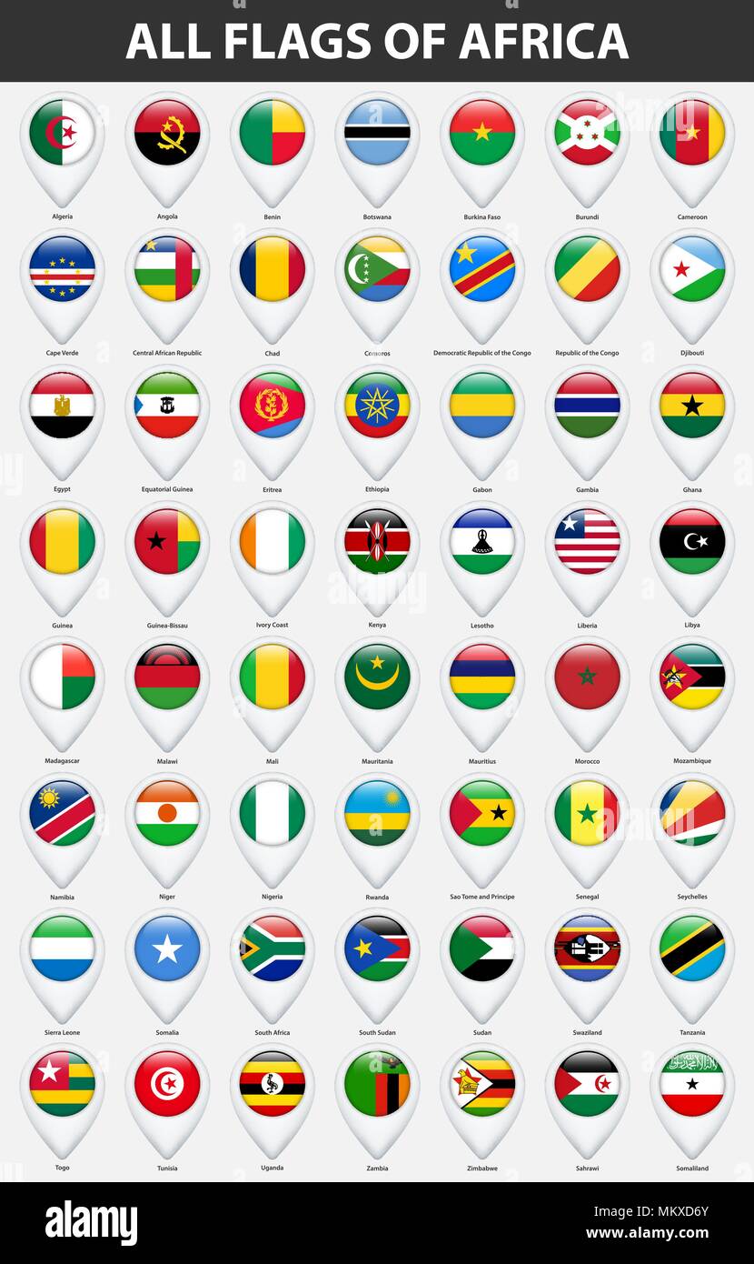 All flags of the countries of Africa. Pin map pointer glossy style ...