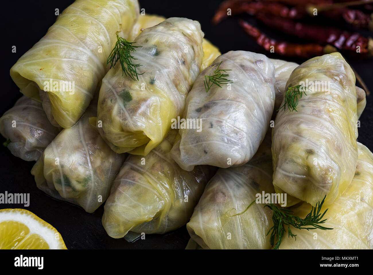 Delicious homemade stuffed cabbage leaves (the traditional dolma of the ...