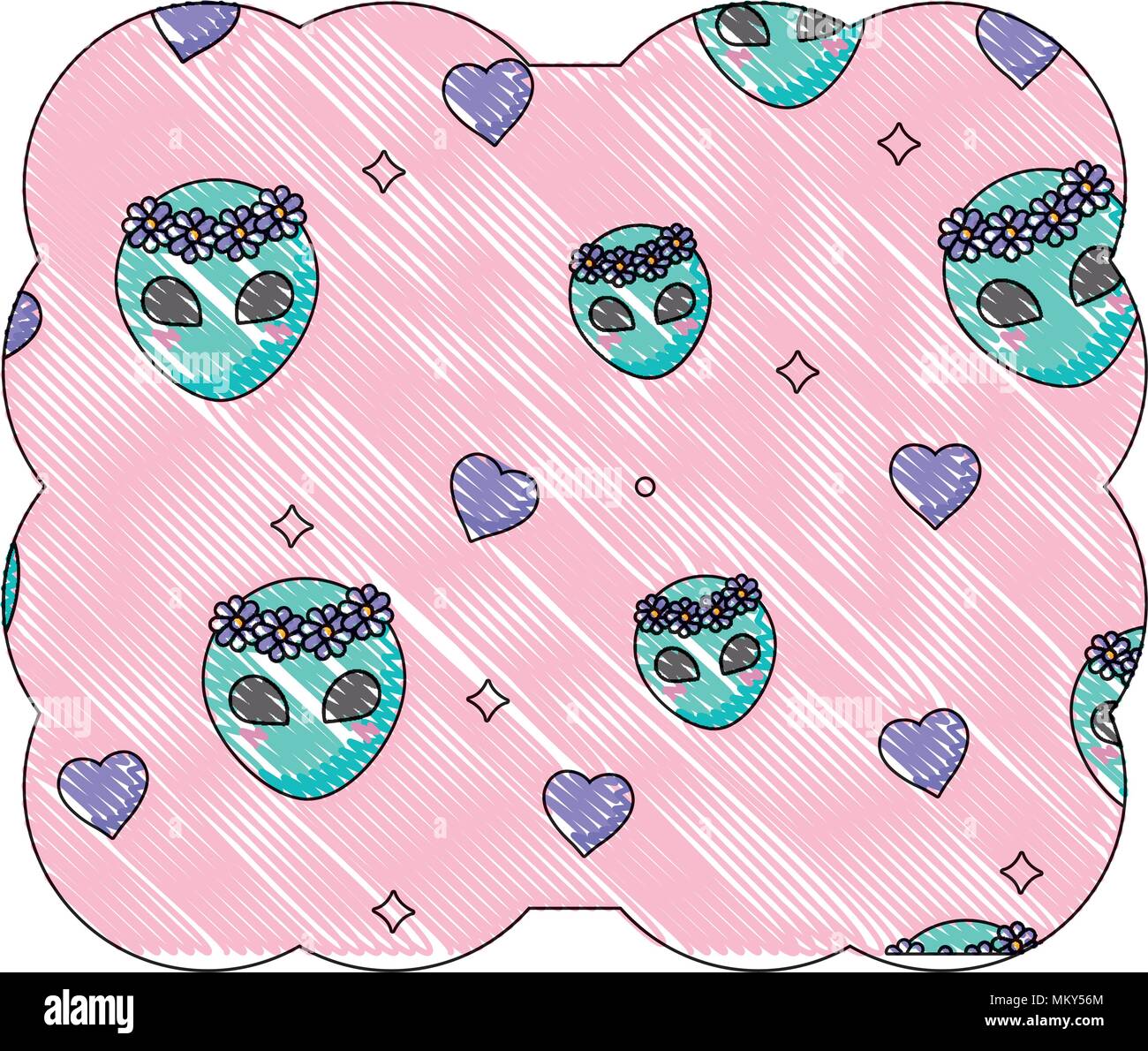 decorative frame with alien and hearts pattern over white background ...