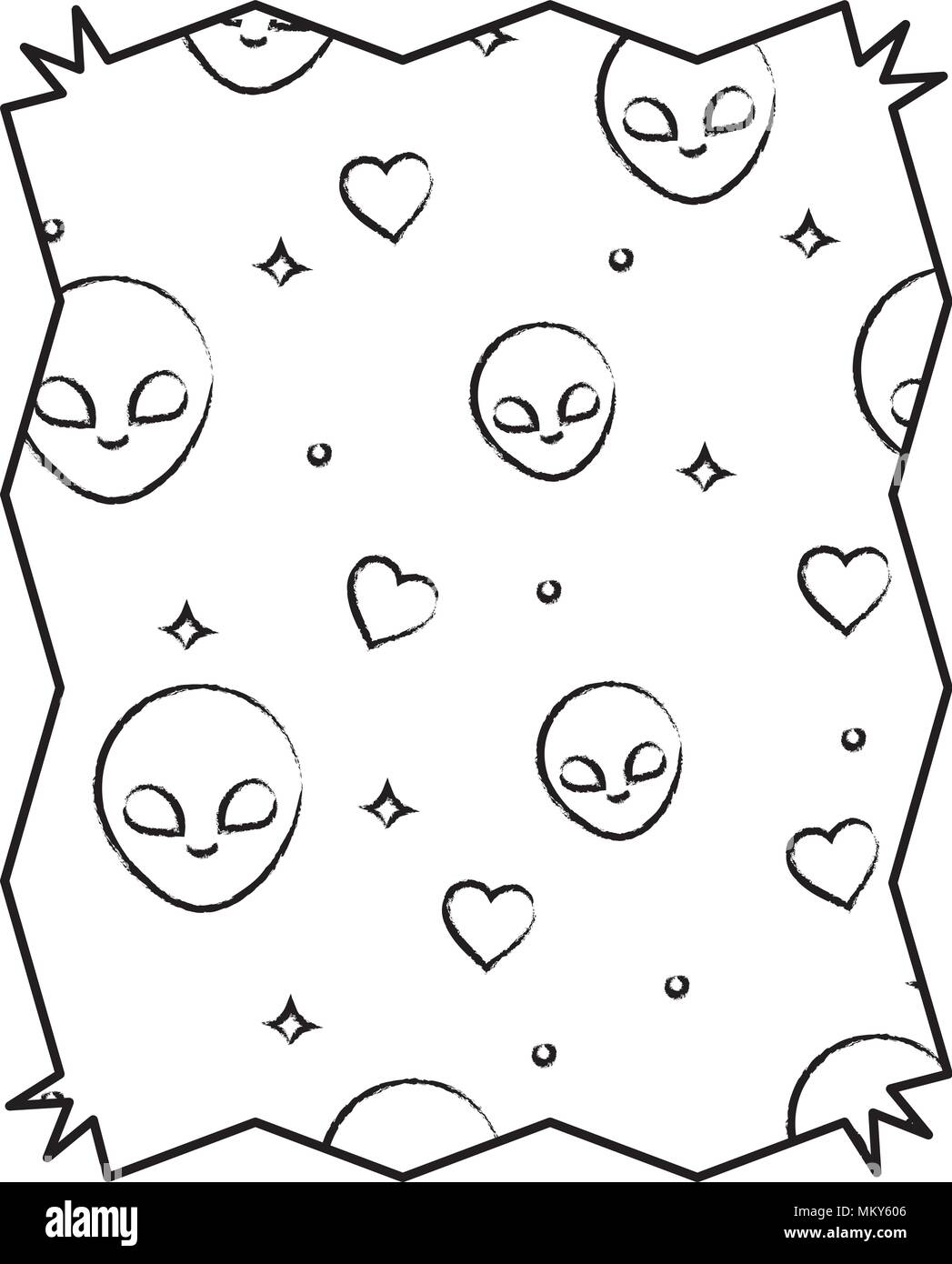 abstract frame with alien and hearts pattern over white background ...