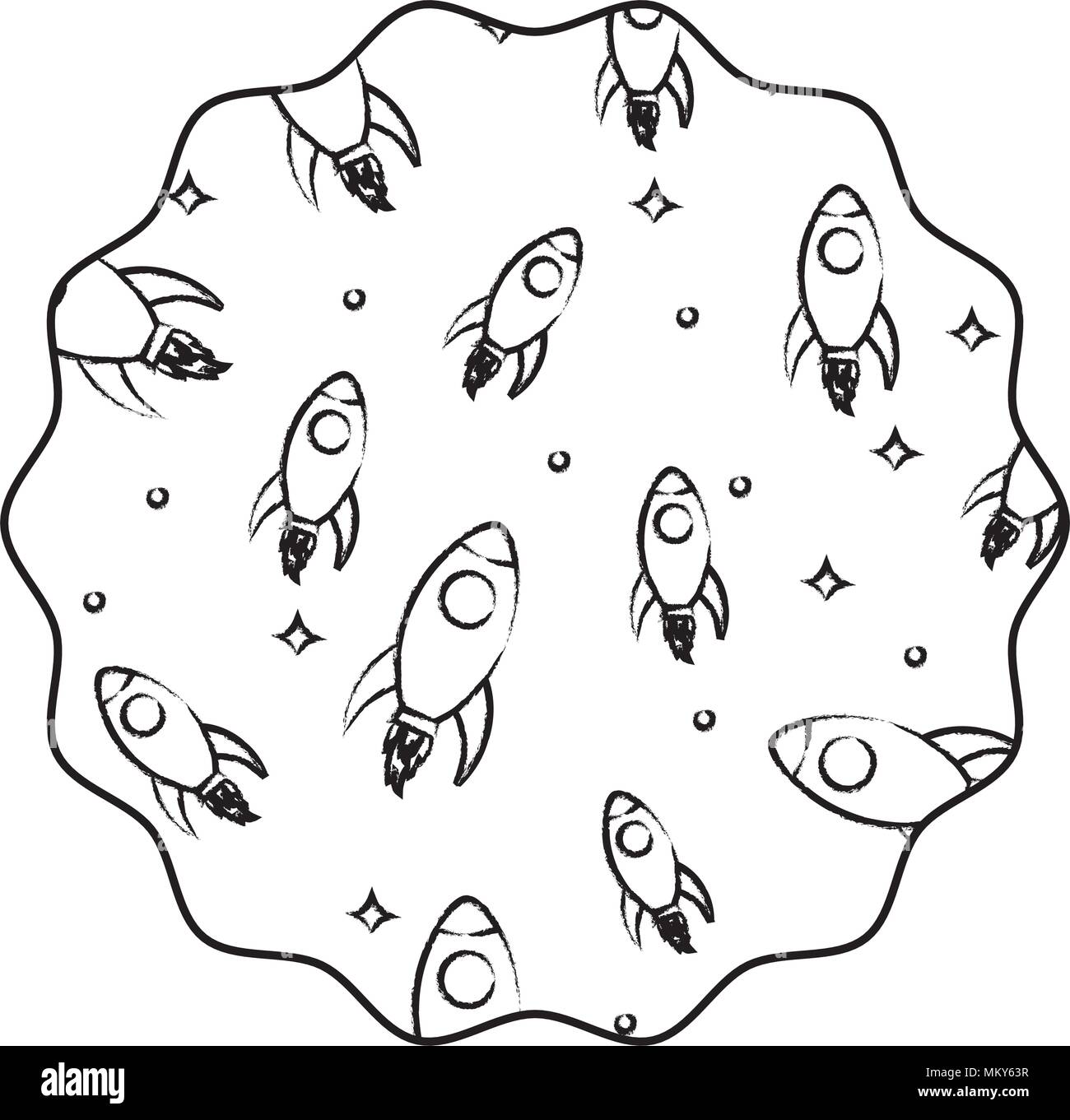circular frame with space rockets pattern over white background, vector ...