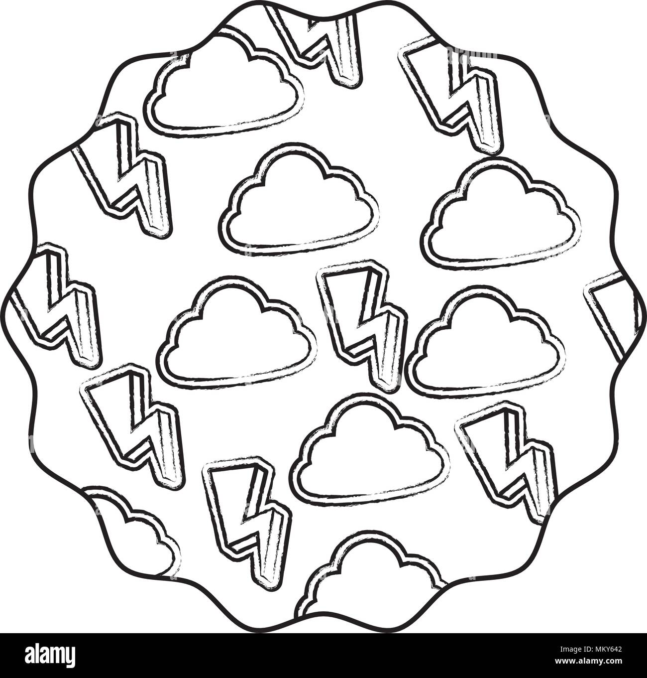 circular frame with clouds and lightning pattern over white background ...