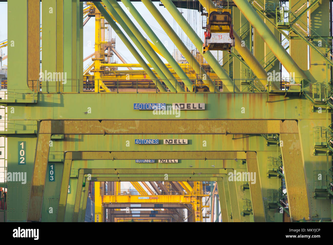 Close up picture of the port industrial container crane in lifting ...