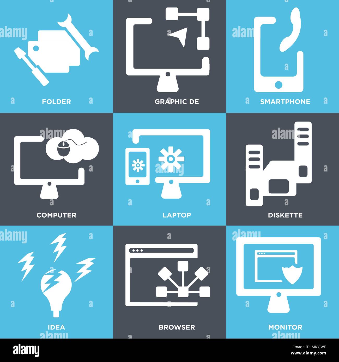Set Of 9 simple editable icons such as Monitor, Browser, Idea, Diskette ...