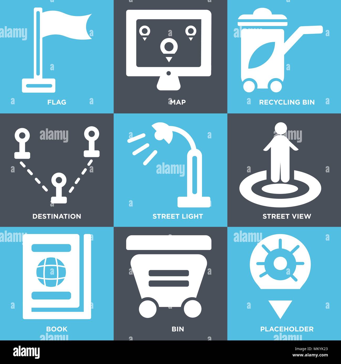 Set Of 9 simple editable icons such as Placeholder, Bin, Book, Street ...