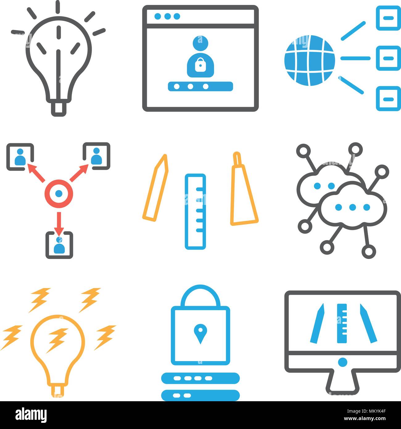 Set Of 9 simple editable icons such as Monitor, Password, Idea, Network ...