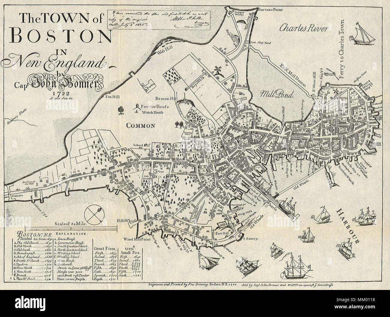 Map of Boston by Captain John Bonner. 1722 Stock Photo - Alamy