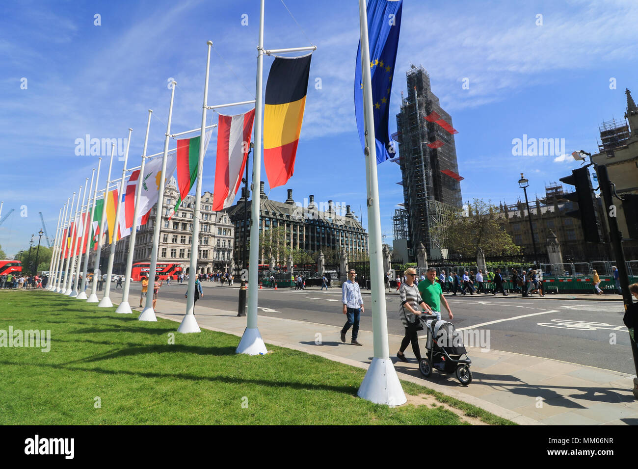 London UK. 9th May 2018. Flags of the European Union member states hang ...