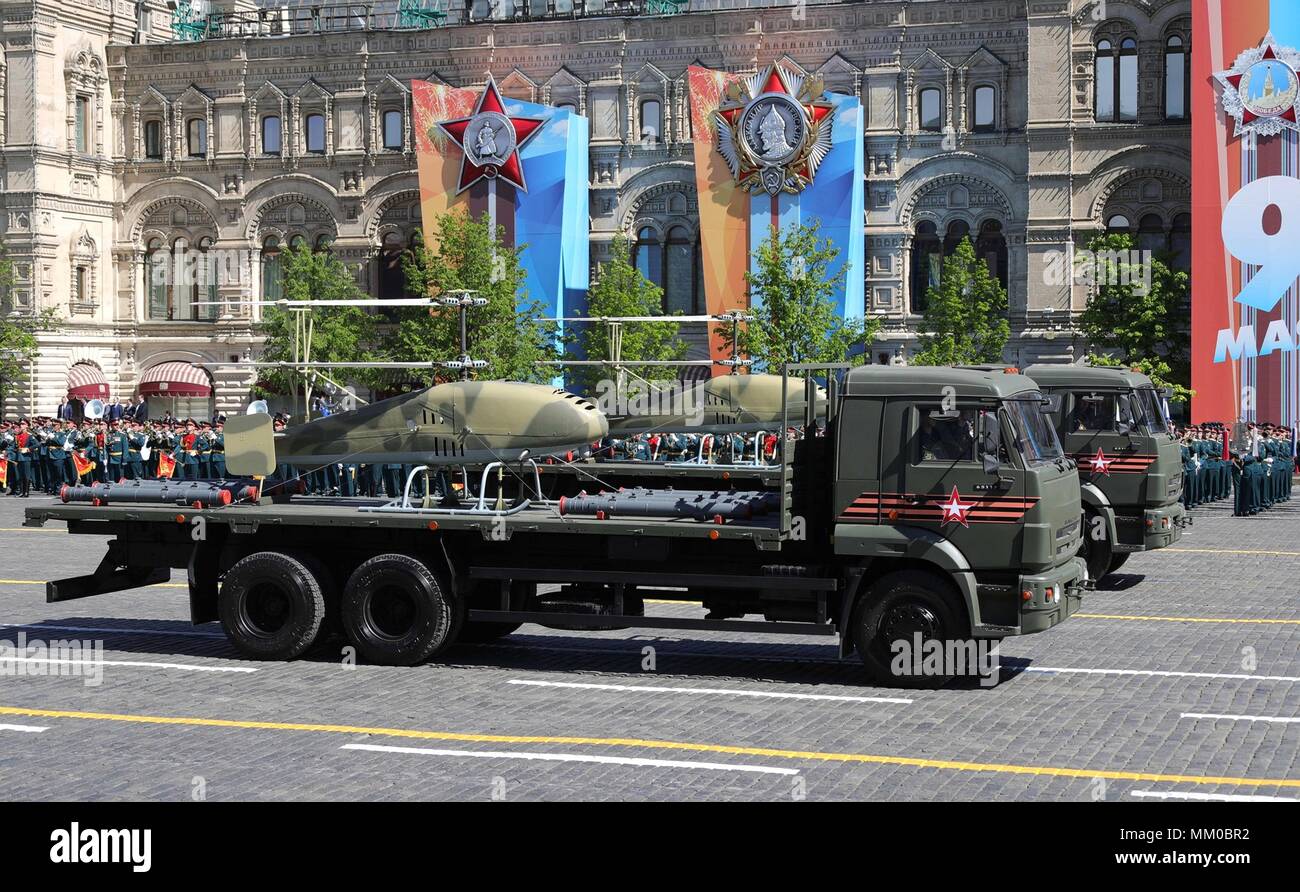 Moscow, Russia. 9th May 2018. Trucks carrying the Katran unmanned ...