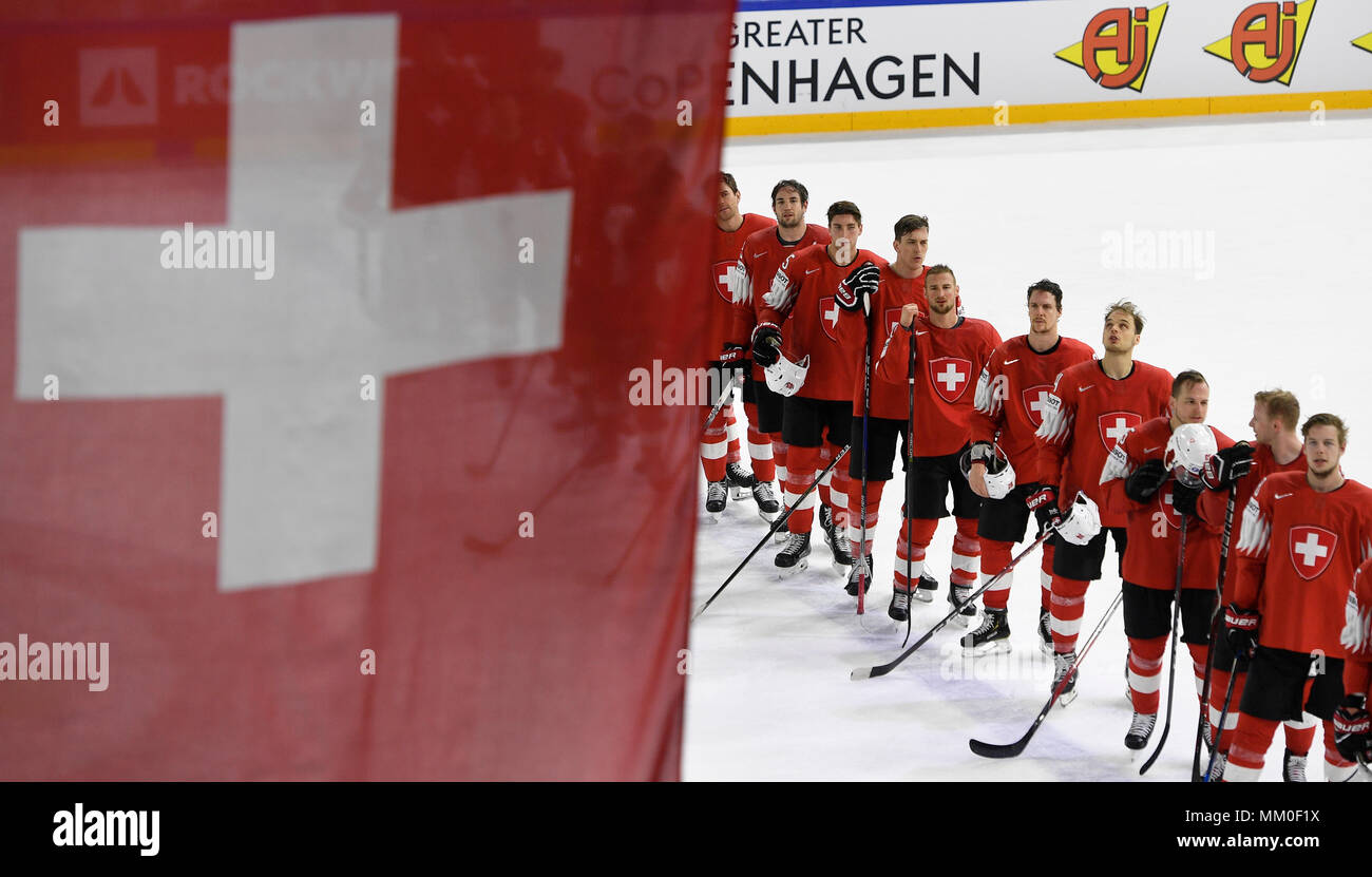Kodan, Denmark. 09th May, 2018. Swiss players line up after won the Ice ...