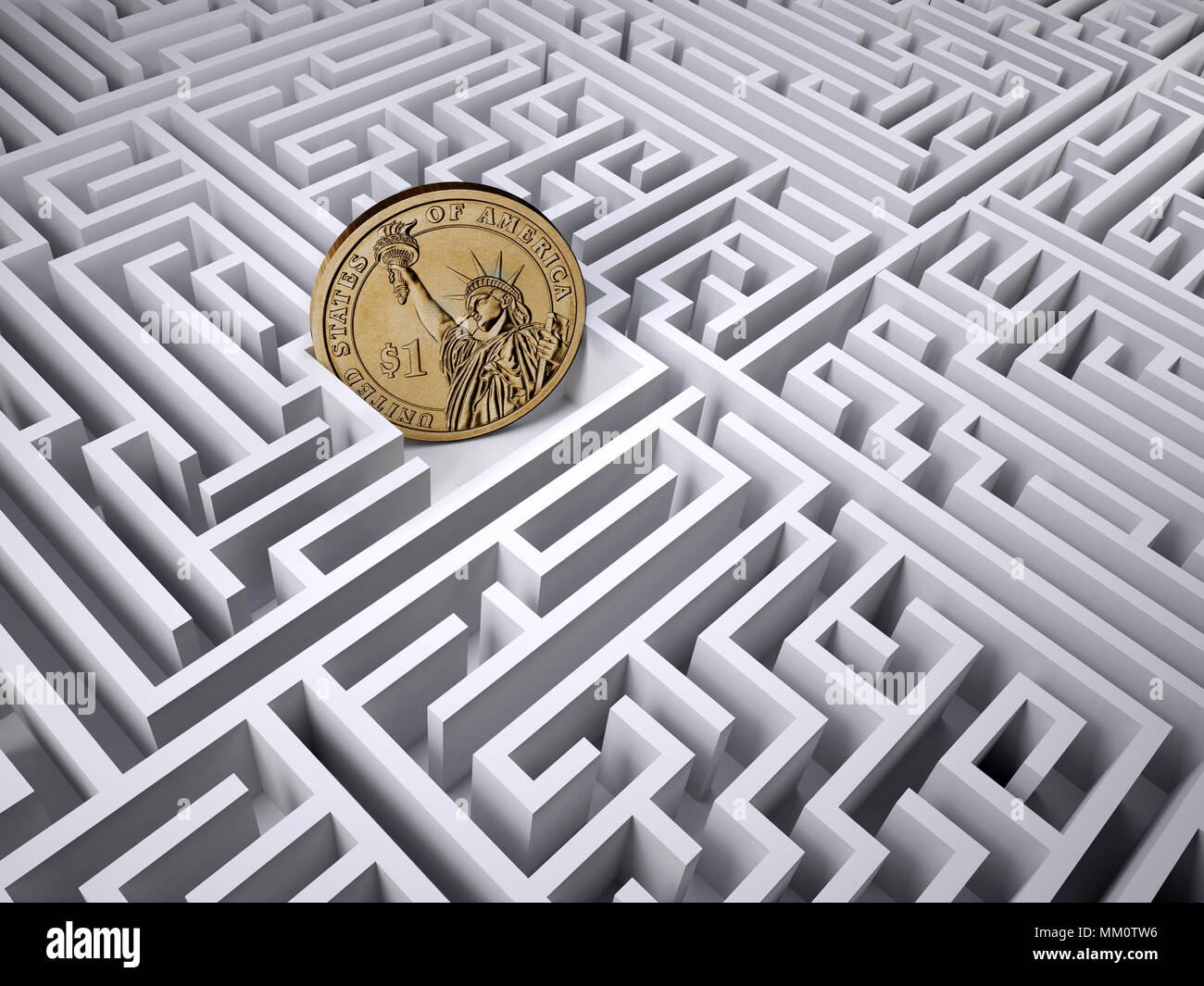 one dollar coin in the labyrinth maze, 3d illustration Stock Photo - Alamy