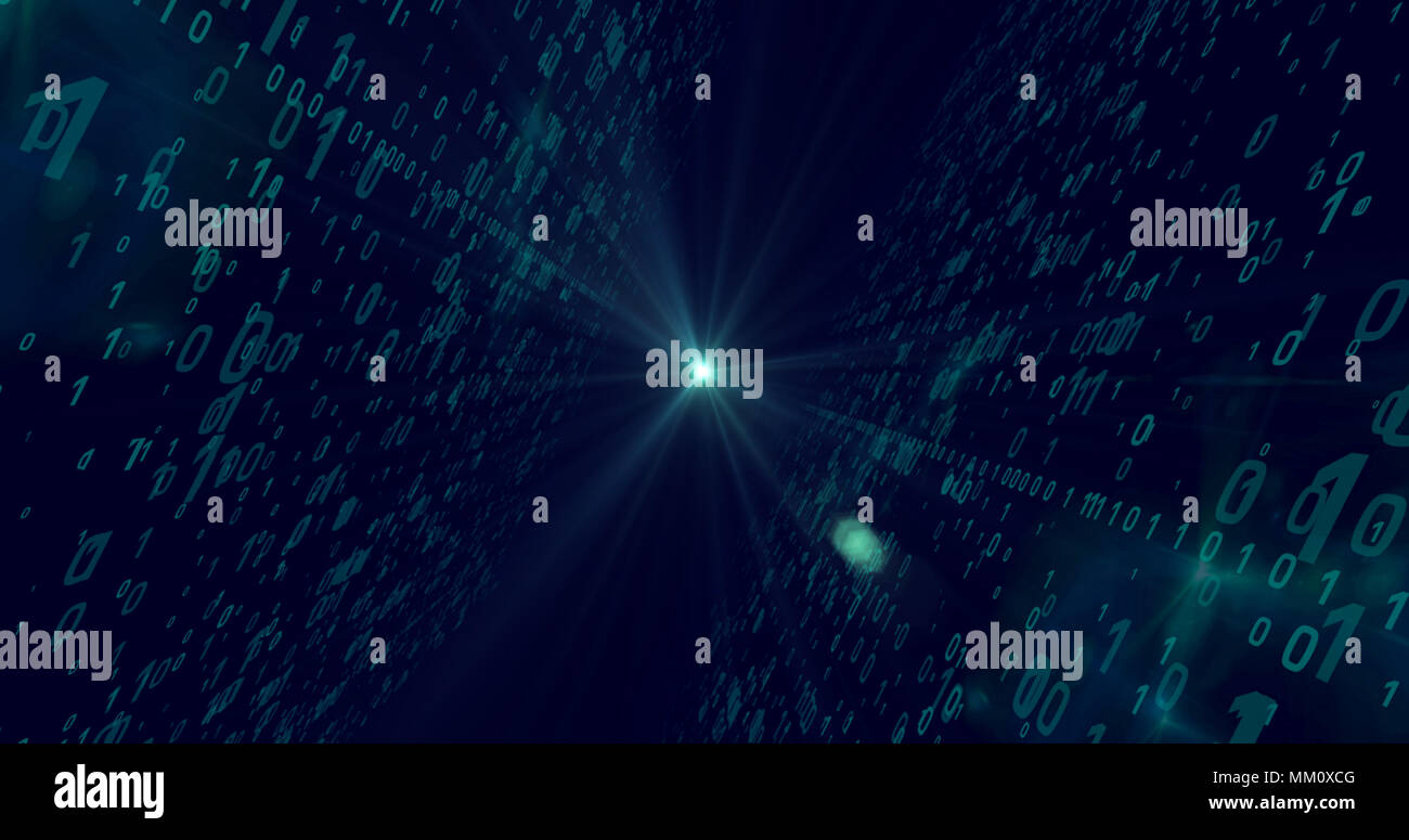 Digital technology concept. Cyan and blue binary code flying from light source in background ...