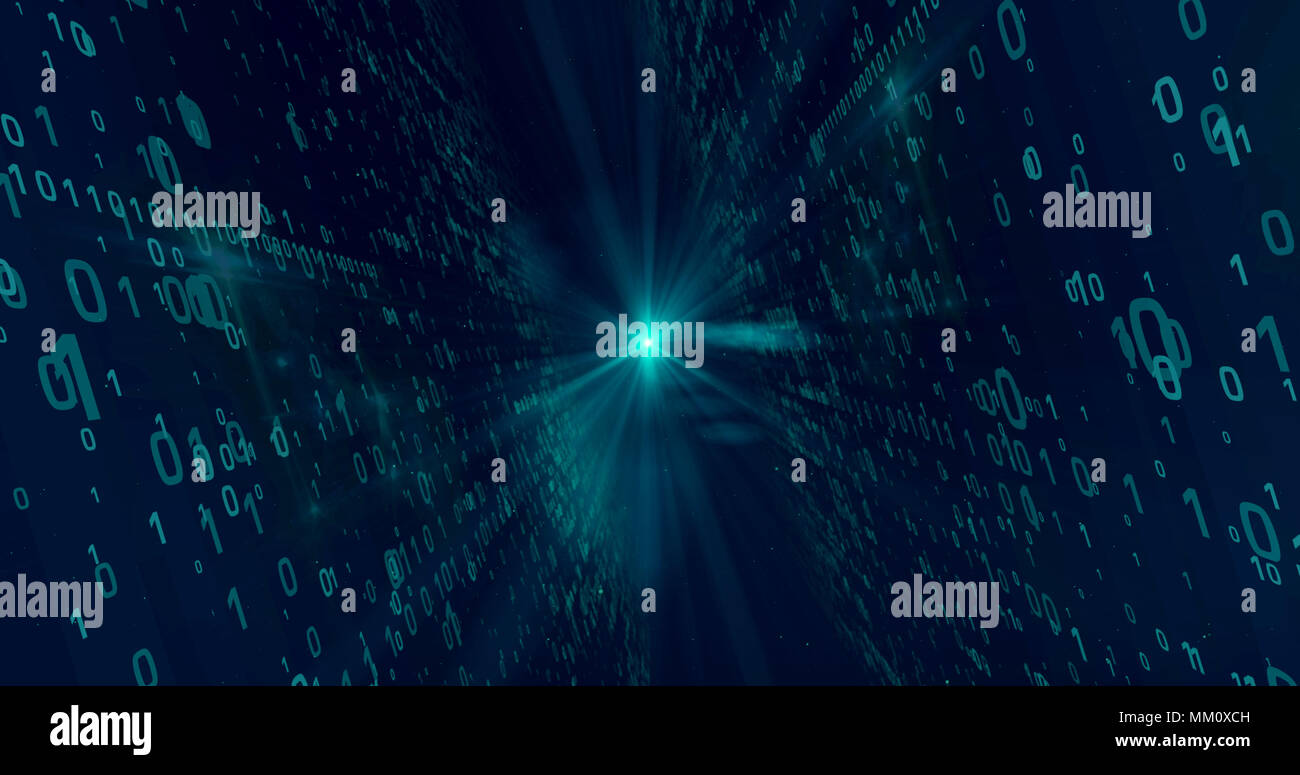 Digital technology concept. Cyan and blue binary code flying from light ...
