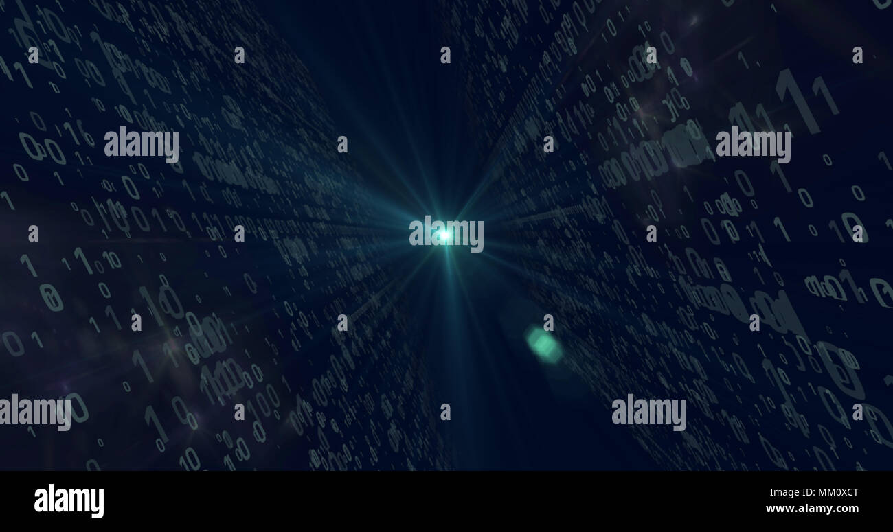Digital technology concept. Cyan and blue binary code flying from light source in background ...