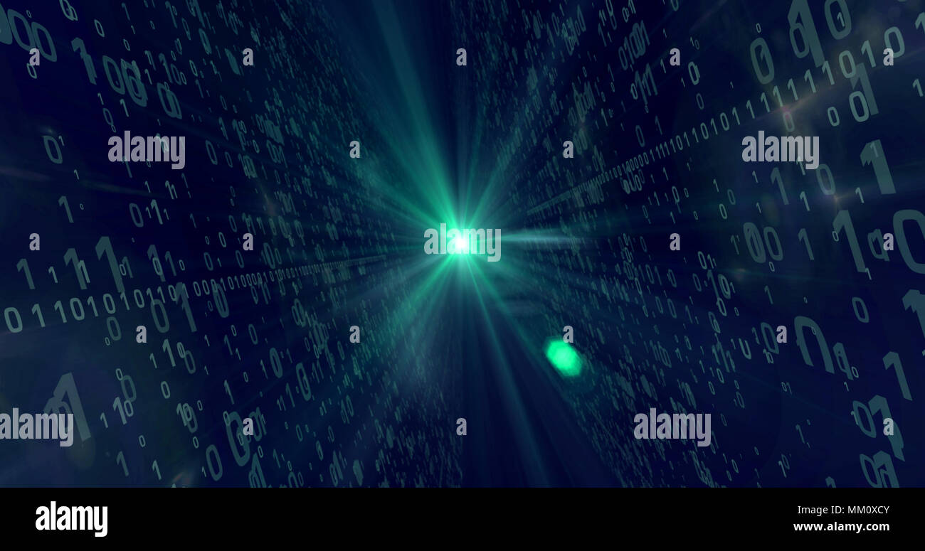 Digital technology concept. Cyan and blue binary code flying from light source in background ...