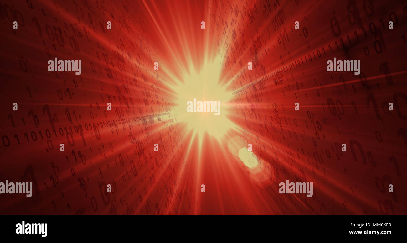 Digital technology concept. Fiery red binary code flying from light ...