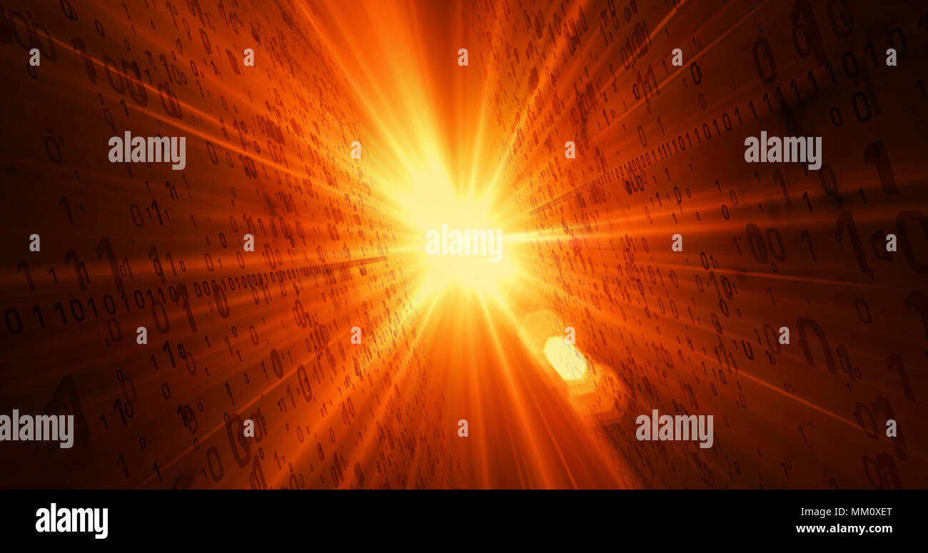 Digital Technology Concept Fiery Red Binary Code Flying From Light Source In Background Light