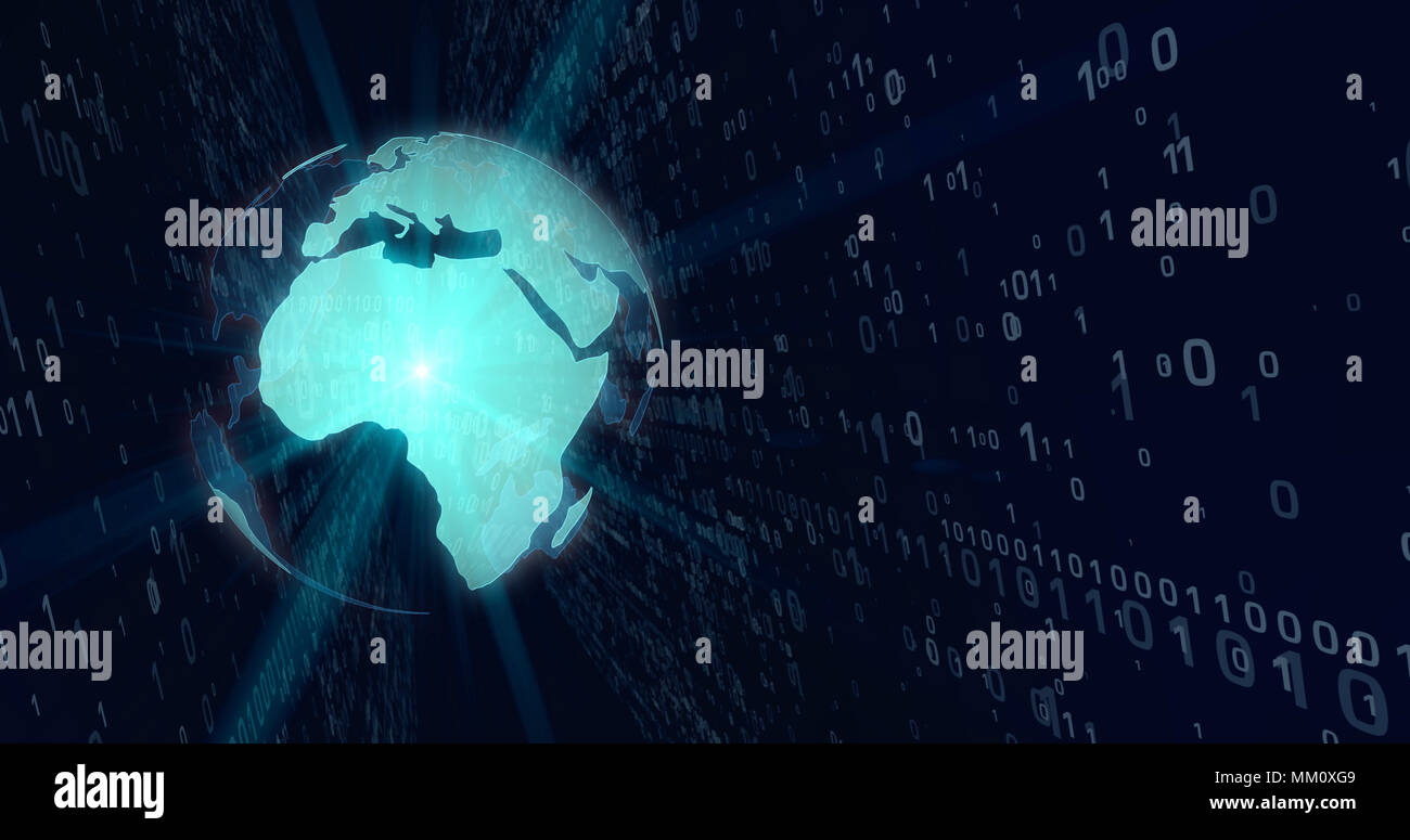 Globe hologram on digital background. Binary worlds and technology concept. Earth planet on ...