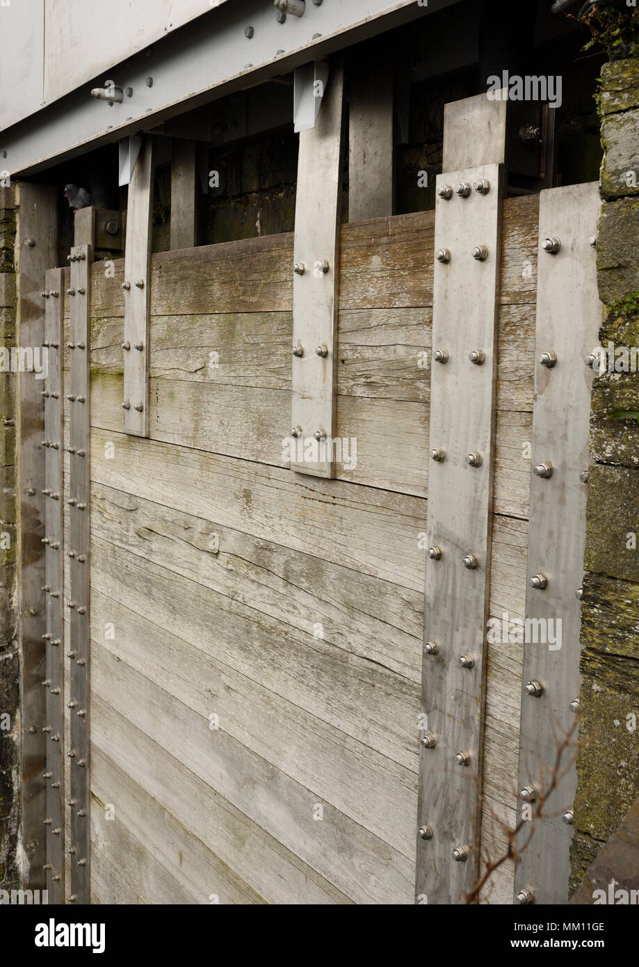 Wooden sluice gate with stainless steel reinforcement, flood defences ...