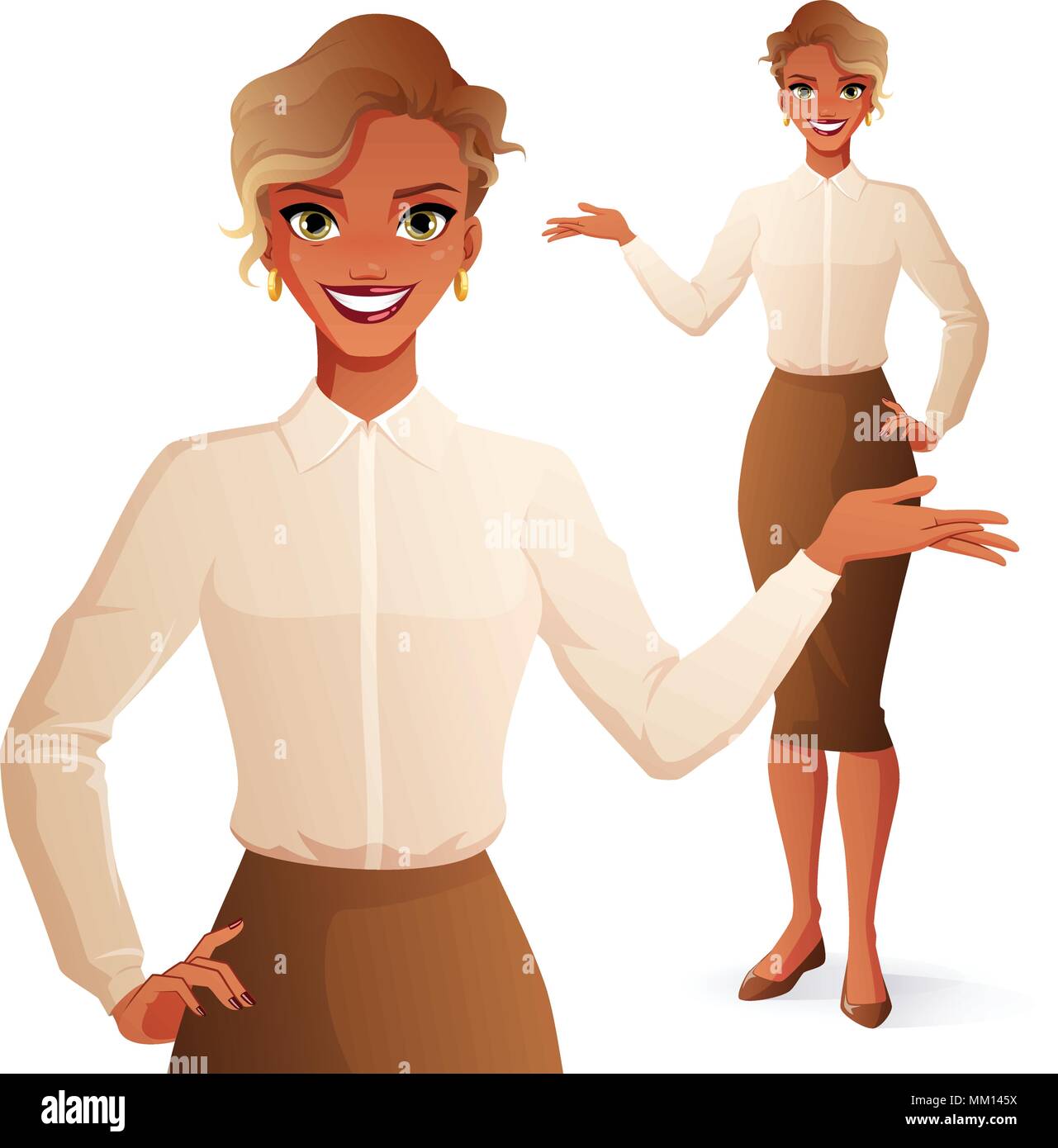 Pretty smiling black african business woman presenting. Isolated vector ...