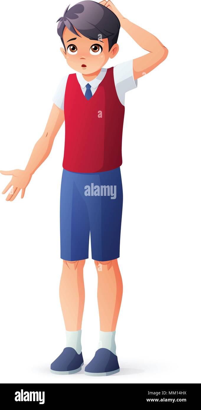 Boy in school uniform scratching his head. Isolated vector illustration ...