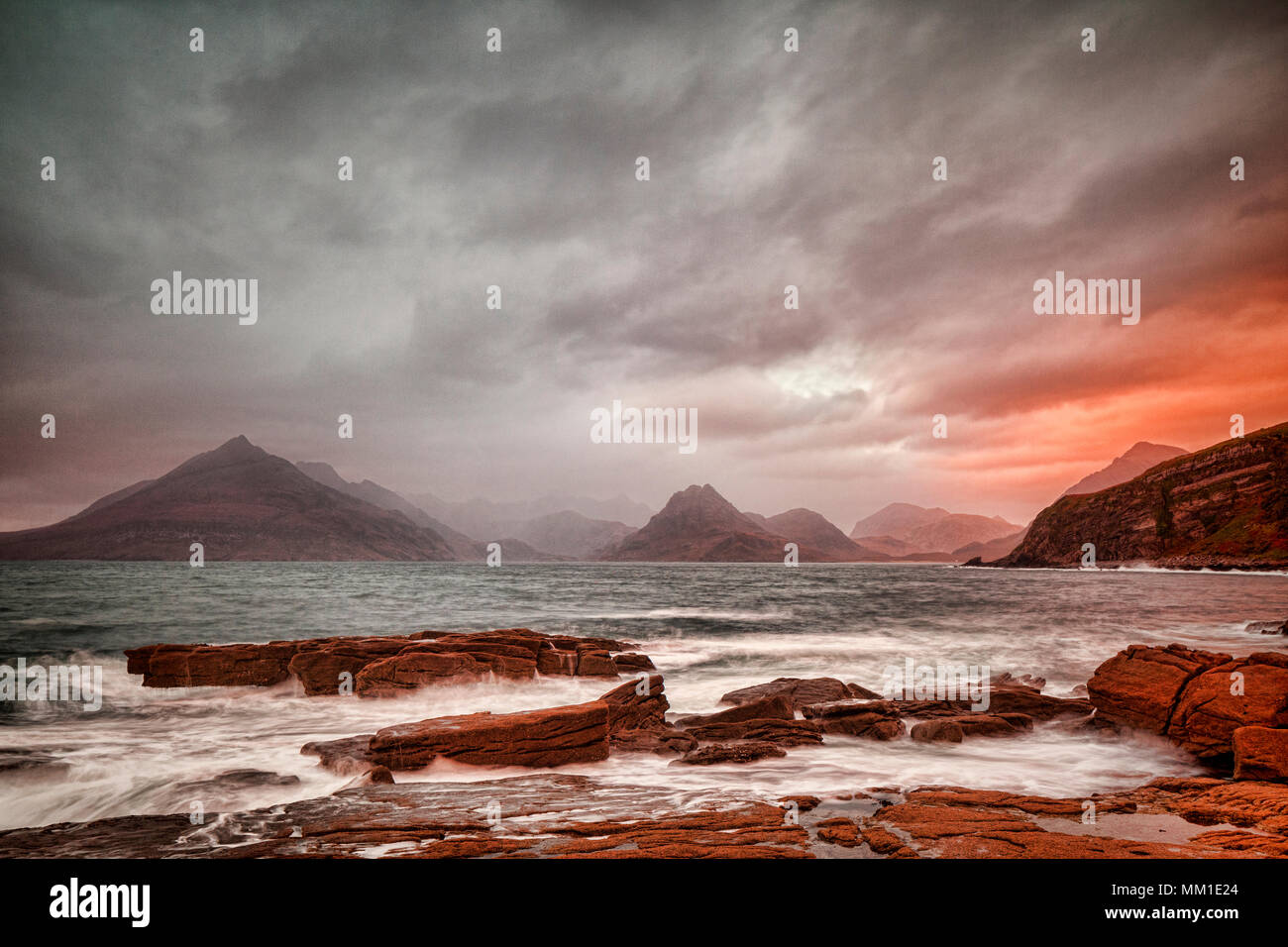 The Cuillin Hills of Skye, seen from Elgol near sunset in late autumn ...