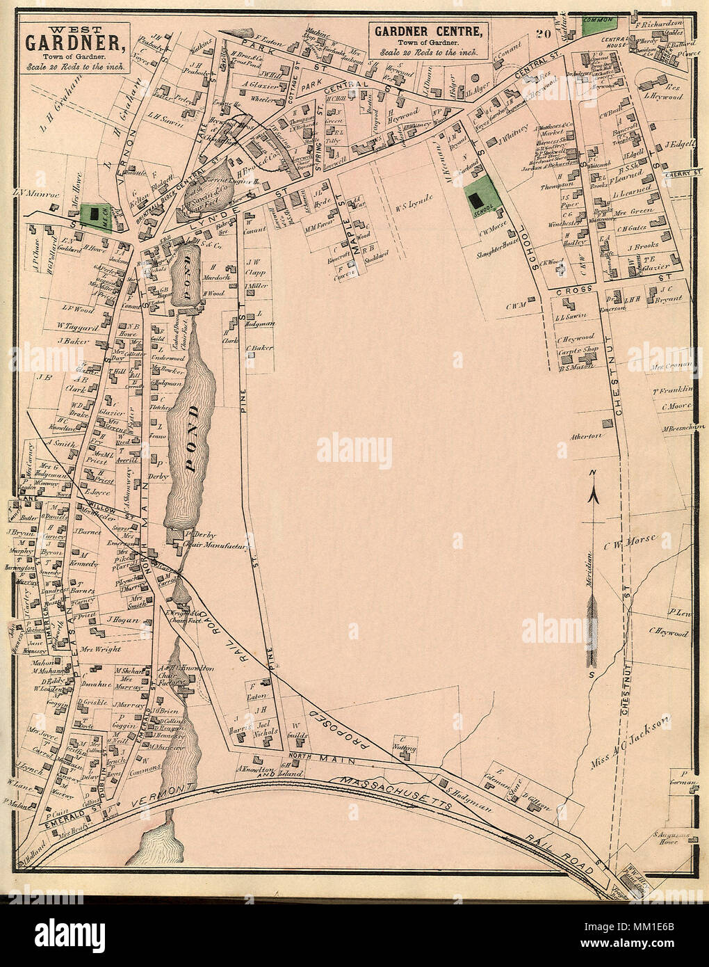 Map of Gardner Centre & West Gardner. 1870 Stock Photo - Alamy