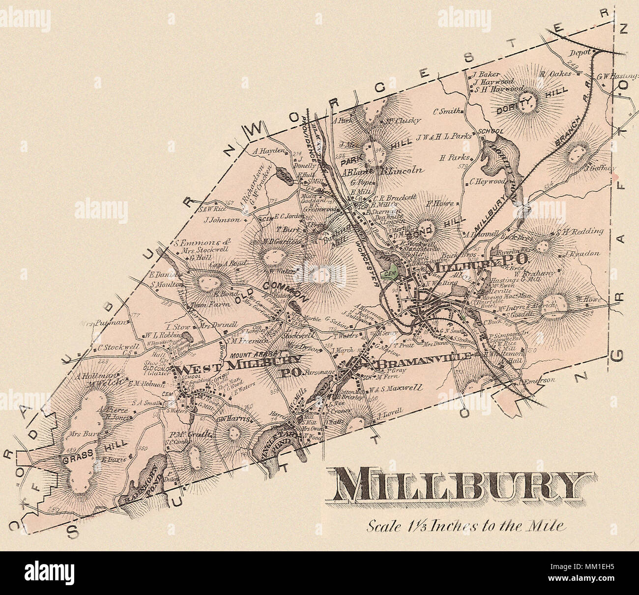 Map of West Millbury in Town of Millbury. 1870 Stock Photo - Alamy