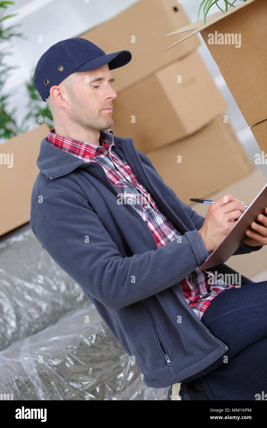 happy professional shipping courier delivery postal service Stock Photo ...