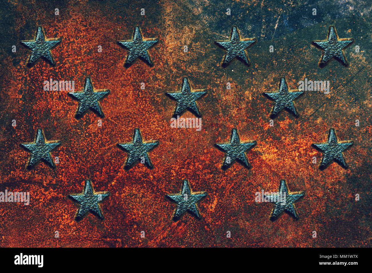 Embossed USA star shapes on rusty metal surface, worn metallic texture ...