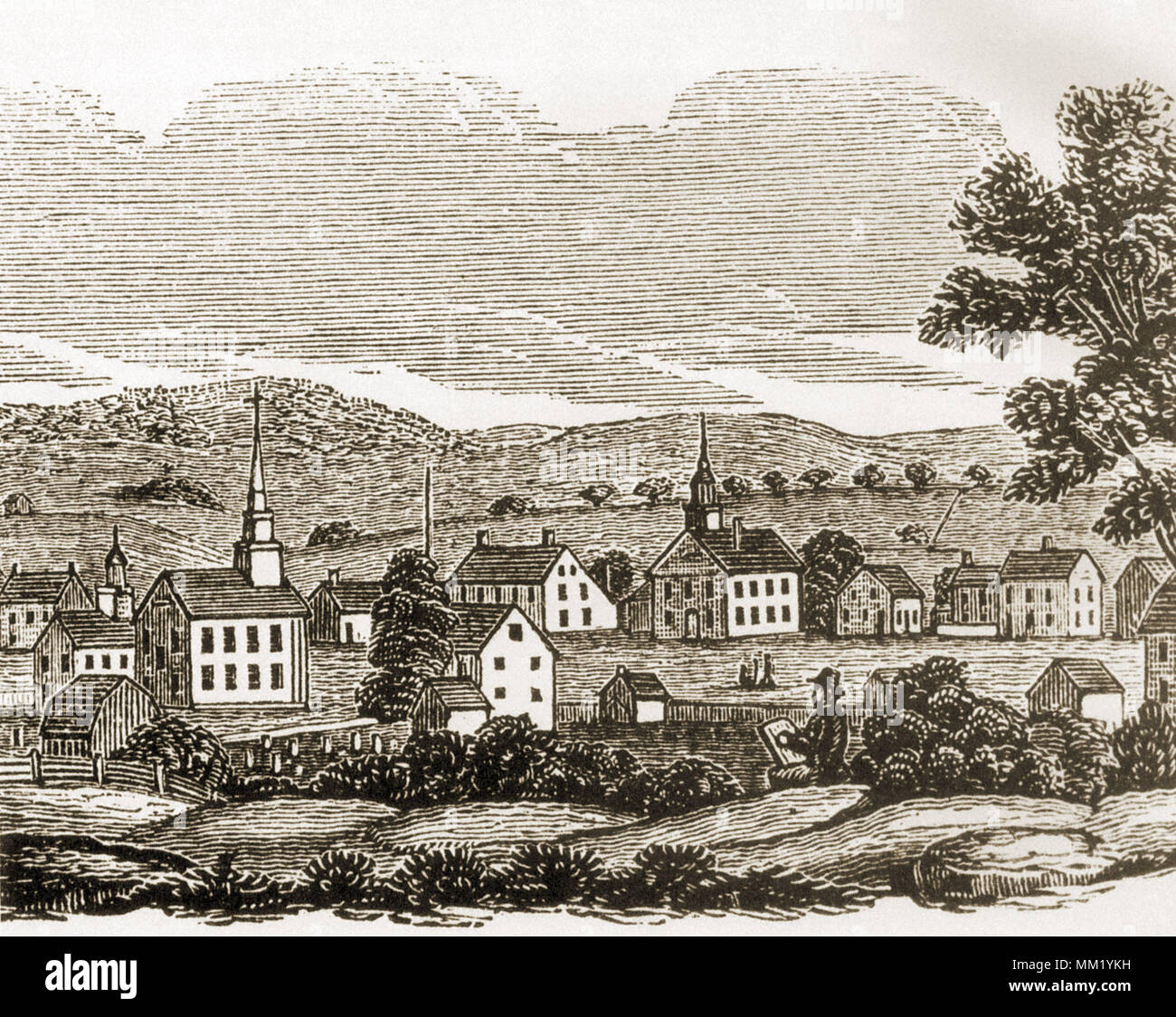 View of Area around Town Common. Danbury. 1830 Stock Photo - Alamy