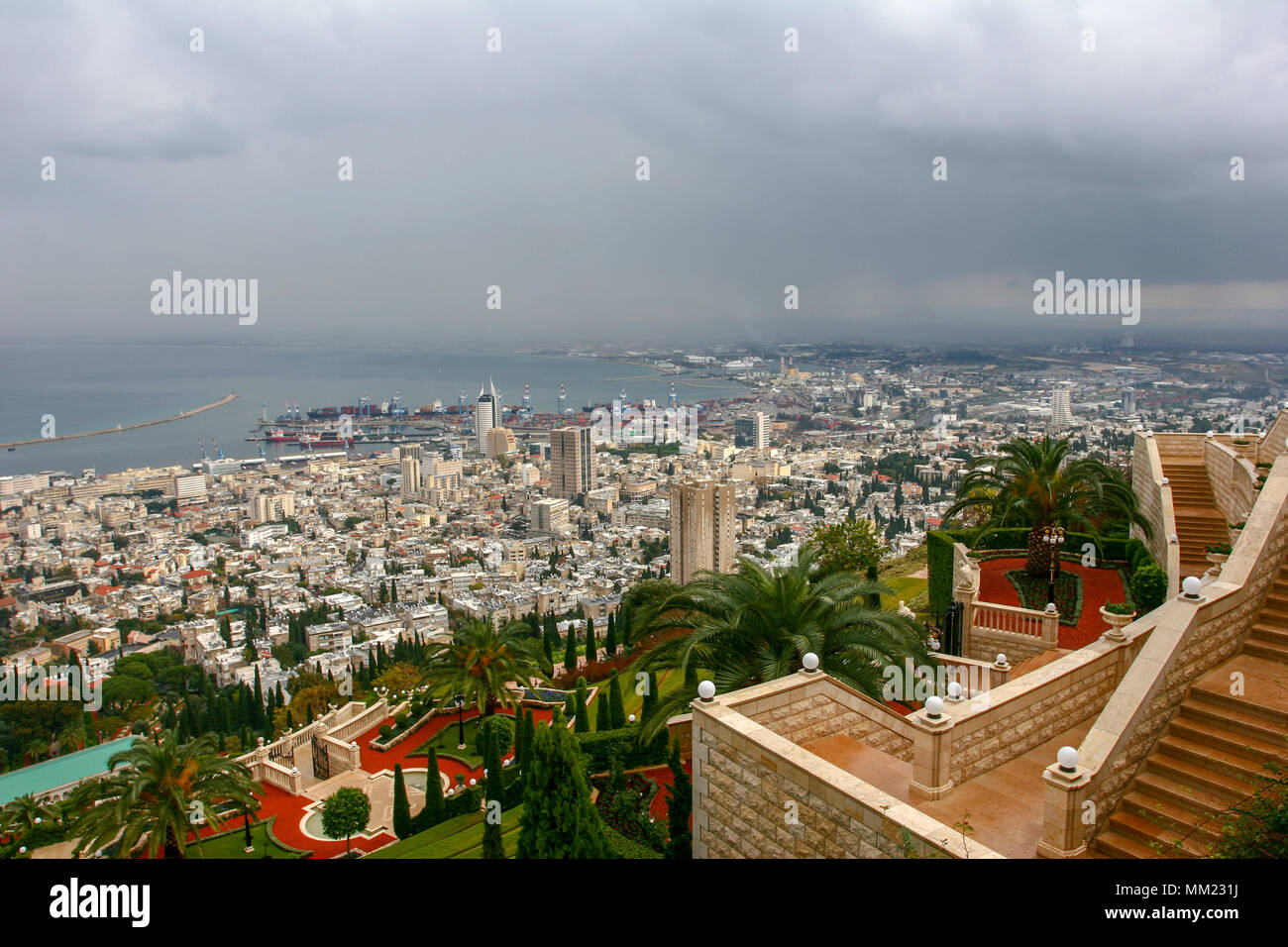 Israel, Haifa. downtown and the bay of Haifa as seen from mount Carmel ...