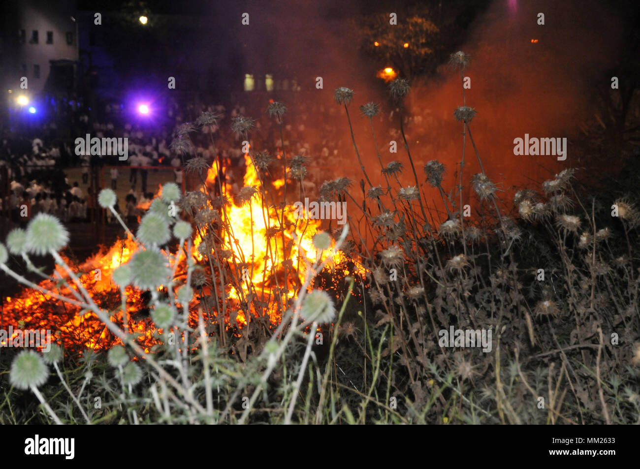 Celebrating the Jewish holiday of Lag Baomer with a bonfire Stock Photo ...