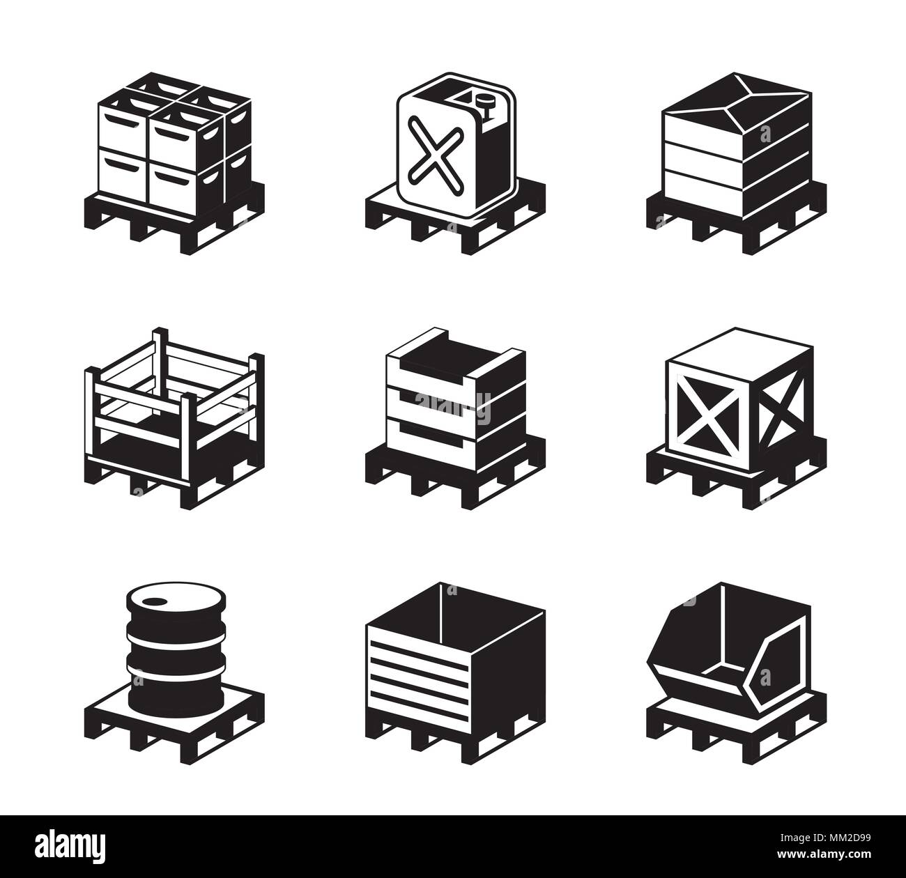 Pallets with containers for different goods - vector illustration Stock ...