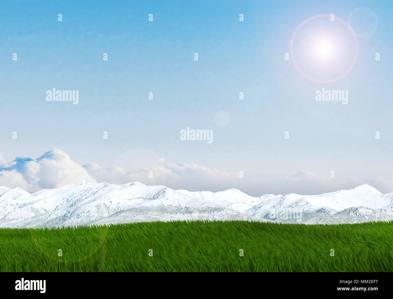 Green grass field landscape with snow mountain, 3D rendering Stock ...