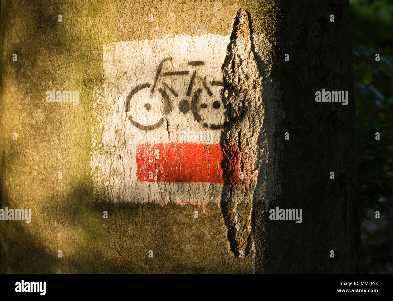 Red sign Of Bicycle Path In The Forest. Bicycle path in the forest. RED ...