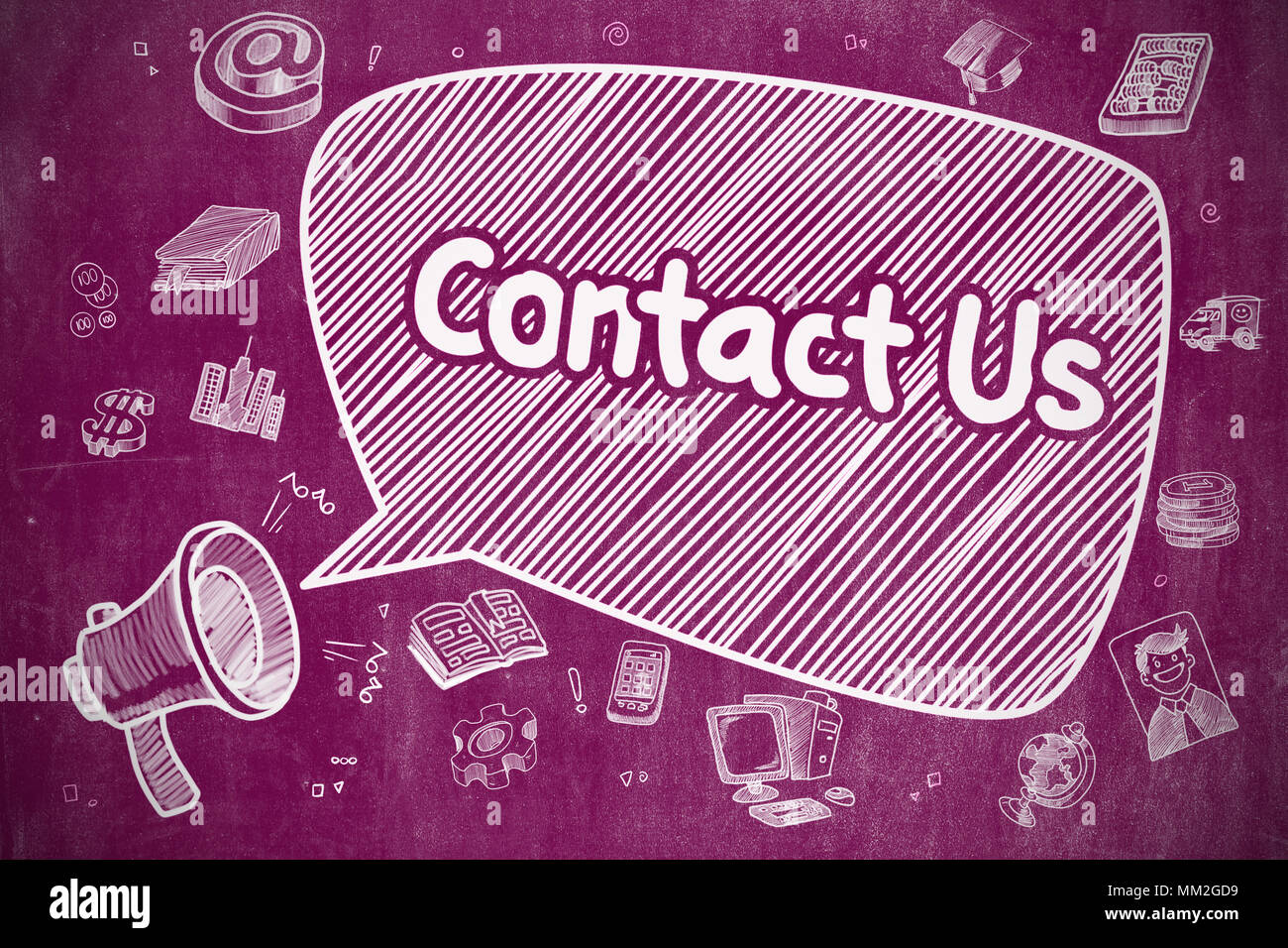 Contact Us - Doodle Illustration on Purple Chalkboard Stock Photo - Alamy