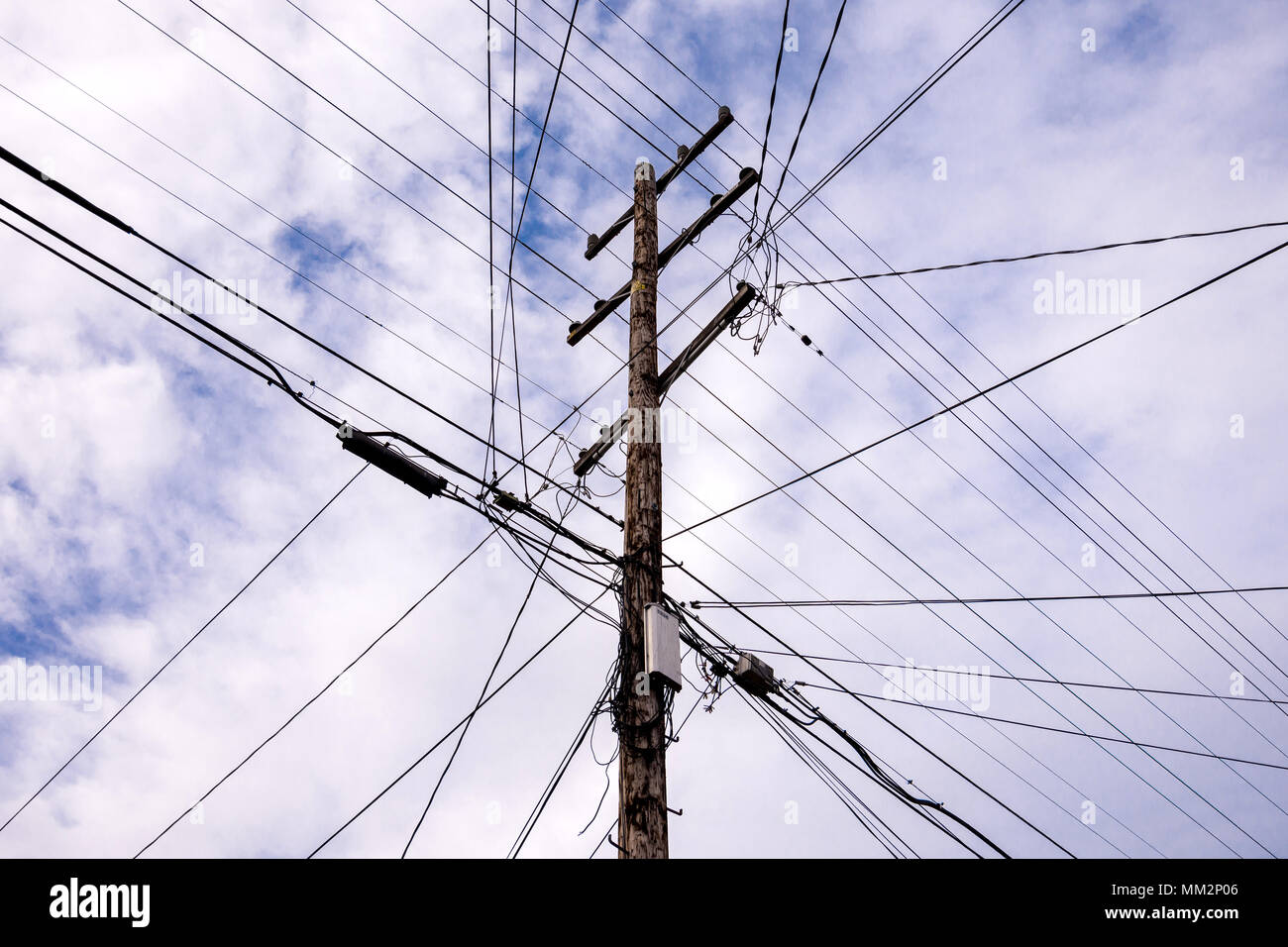 Multiple wires and cables on wood pole, Berkeley, California, USA Stock ...