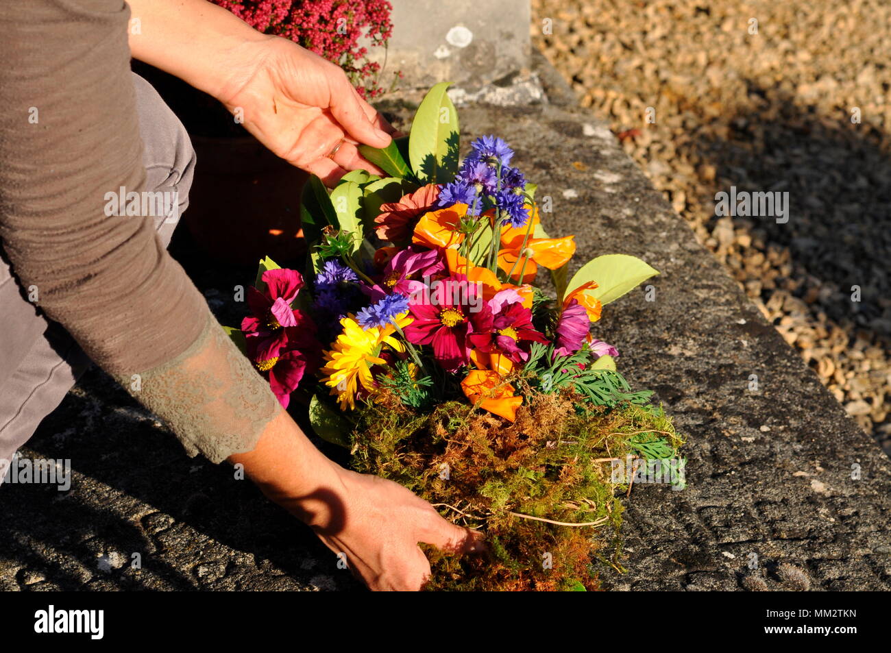 Ecological Funeral, Making a bouquet for an interment, France Stock ...