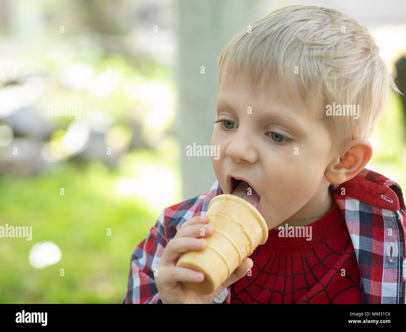 blue-eyed blond little boy licks ice cream Stock Photo - Alamy