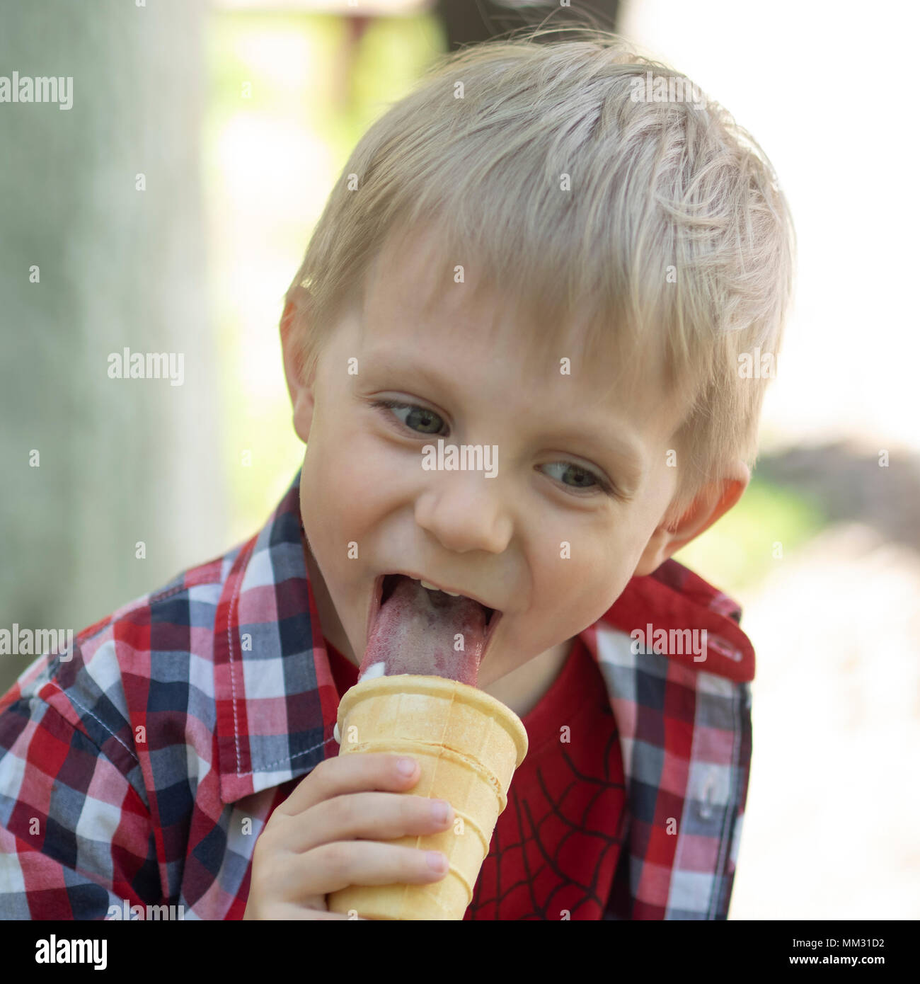 blue-eyed blond little boy licks ice cream Stock Photo - Alamy