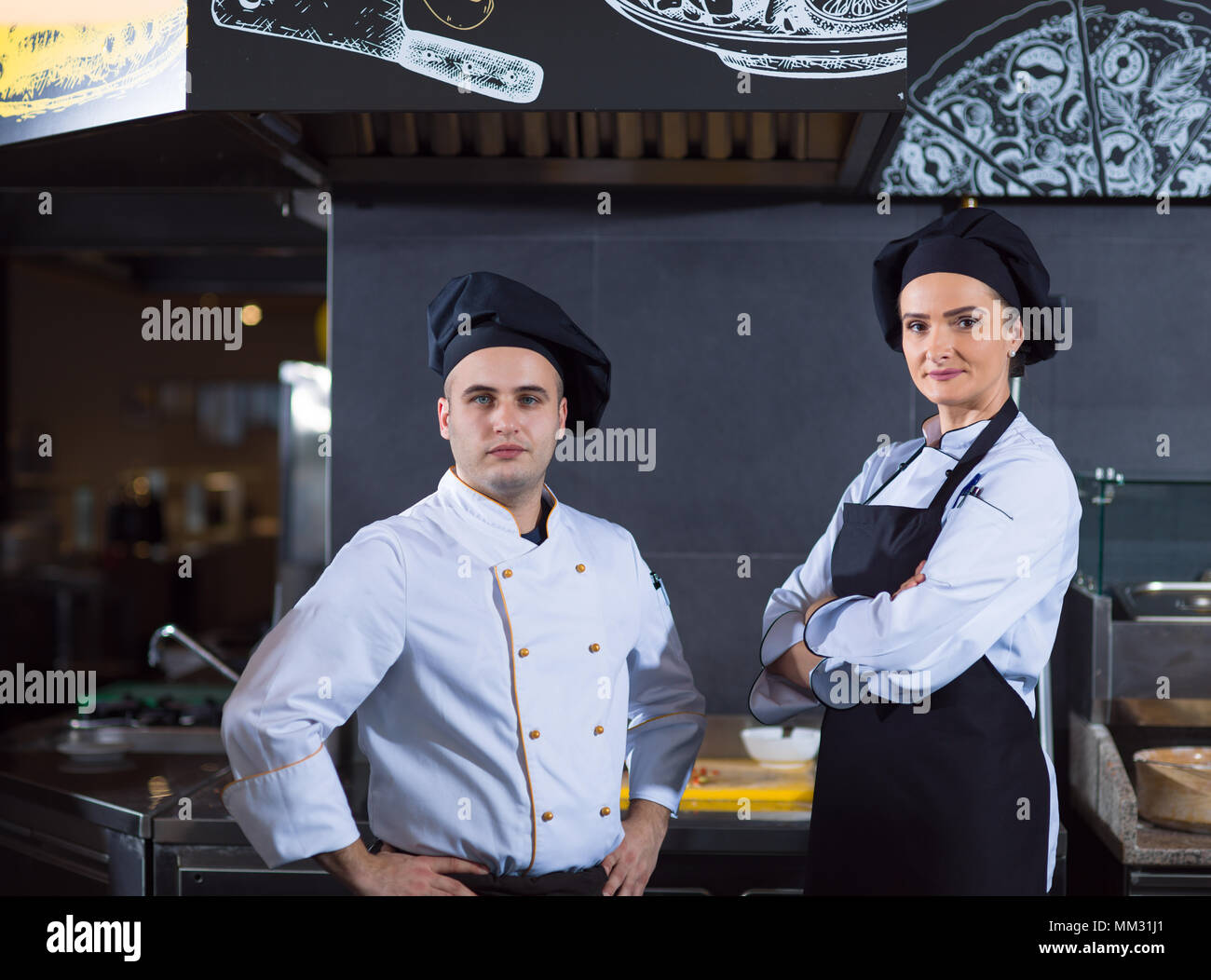 Portrait of two chefs standing together in commercial kitchen at ...