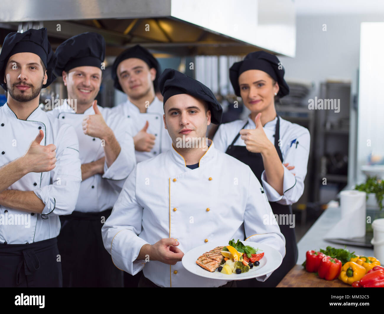 Portrait of group chefs standing together in commercial kitchen at ...