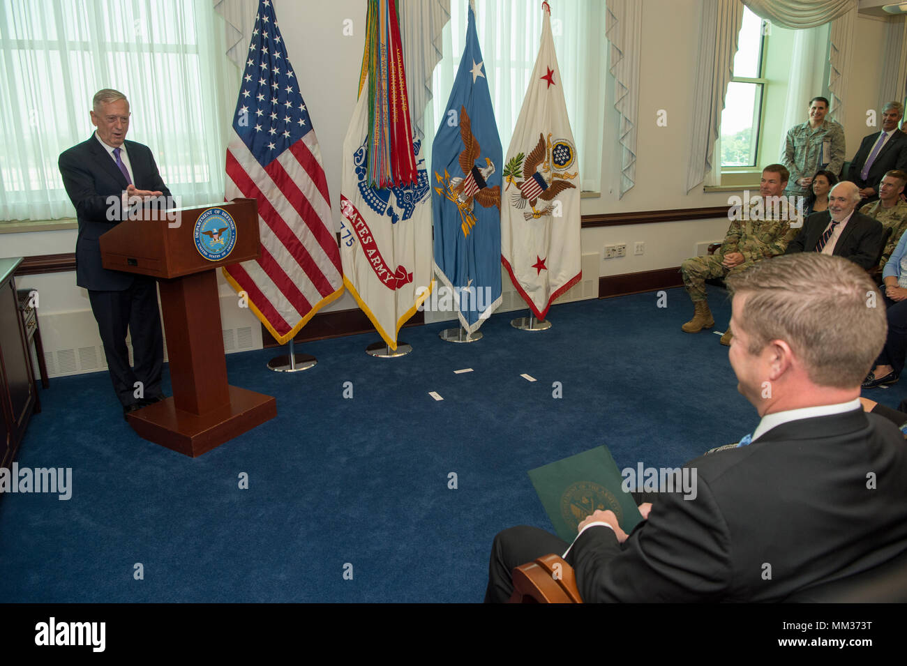 Defense Secretary Jim Mattis speaks during a formal swearing in of Ryan ...