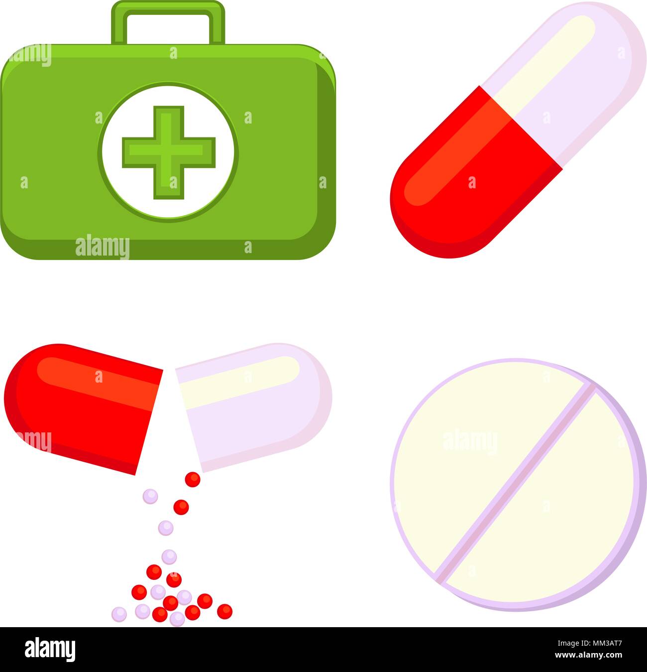 Colorful cartoon first aid kit content set isolated on white background ...