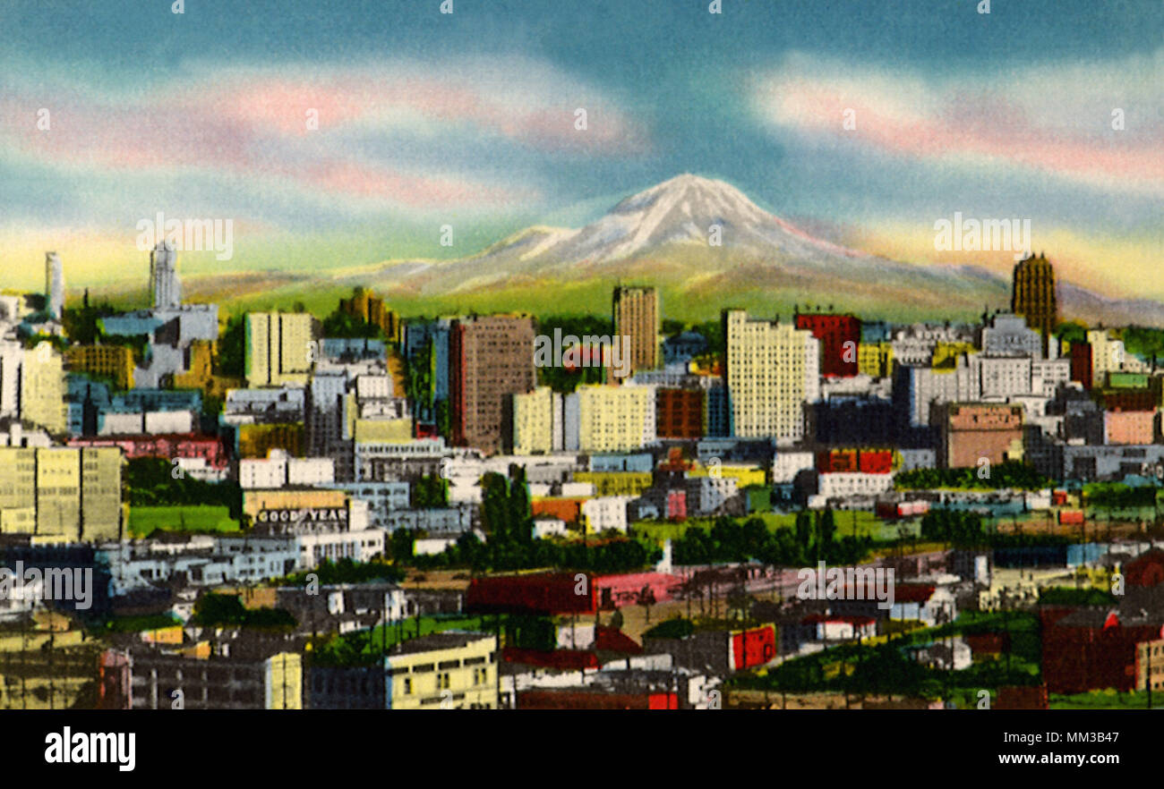 Seattle Business District & Mount Ranier. 1935 Stock Photo - Alamy